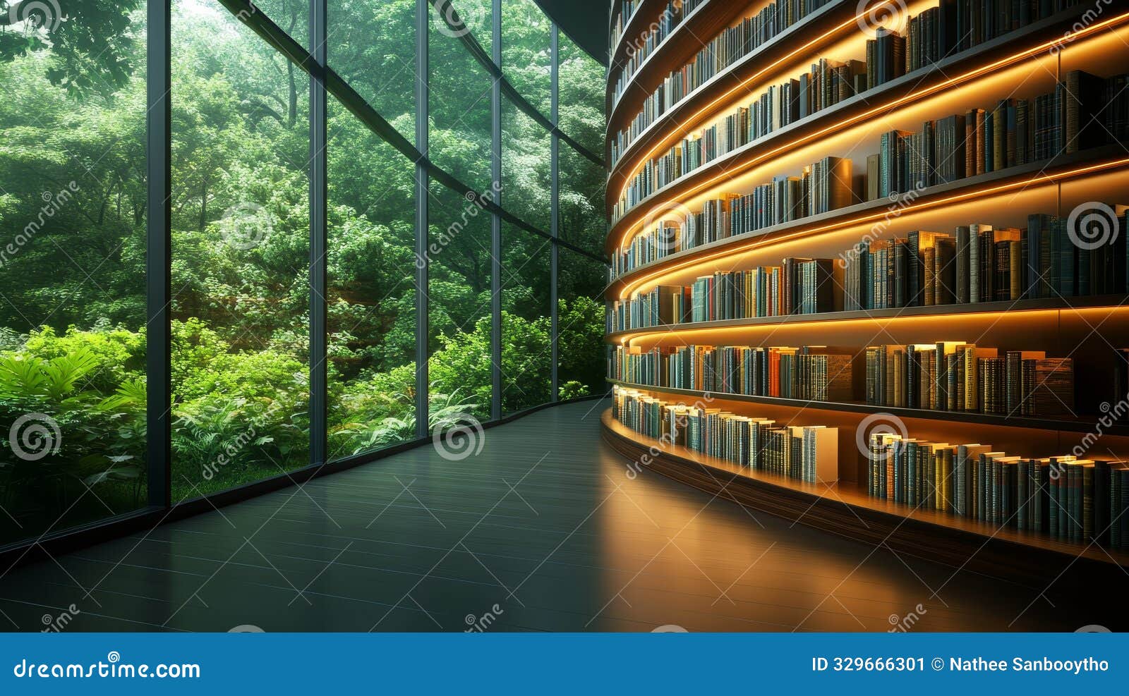 Modern Library with Forest View Windows Stock Illustration ...