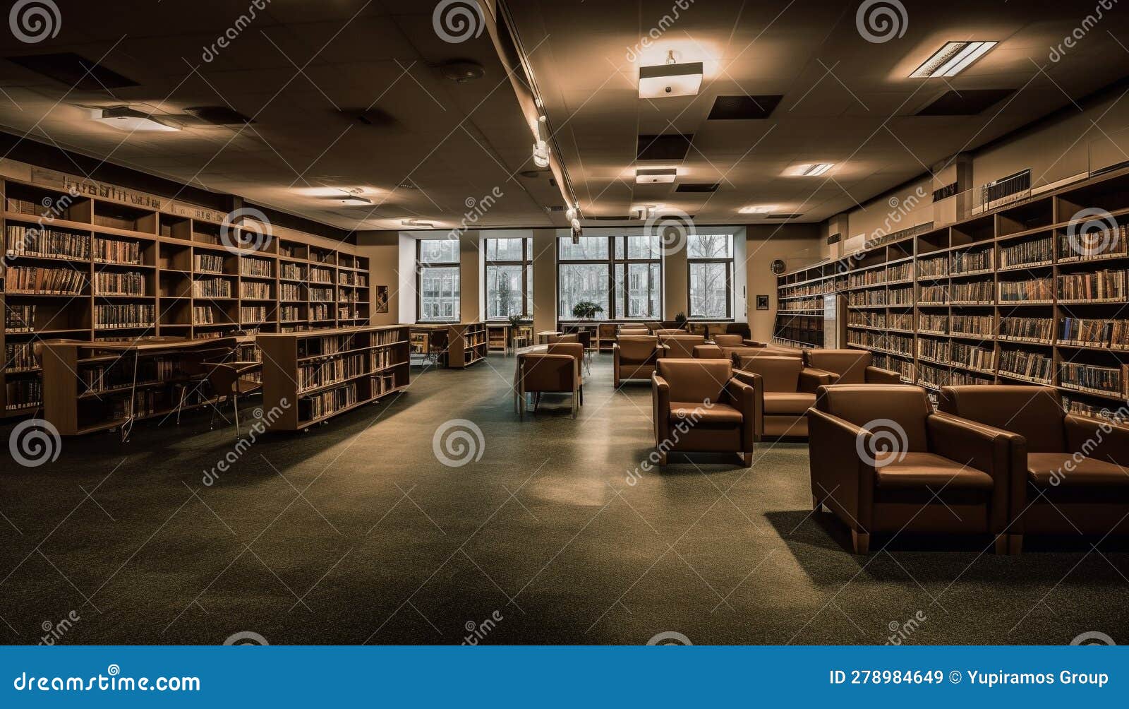 A Modern Library Indoors, with Rows of Books on Shelves Generated by AI ...