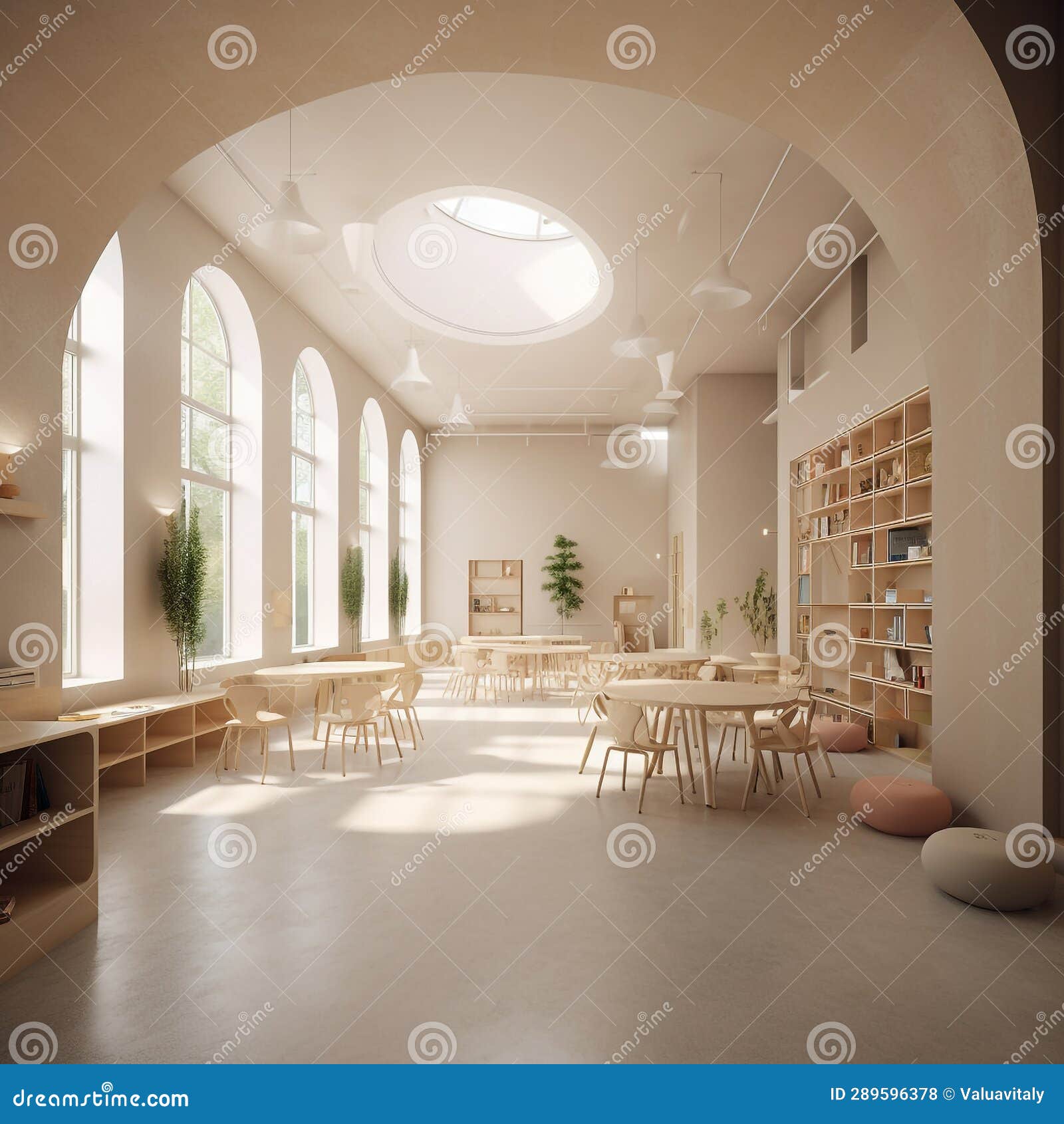Modern Library Interior with Beige Walls, Beige Floor, Round Tables ...