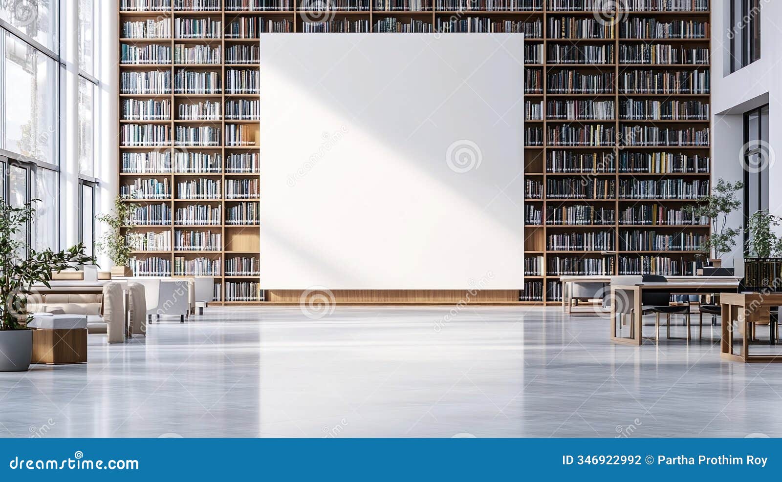 Modern Library Interior with Blank Wall for Mockup Stock Illustration ...