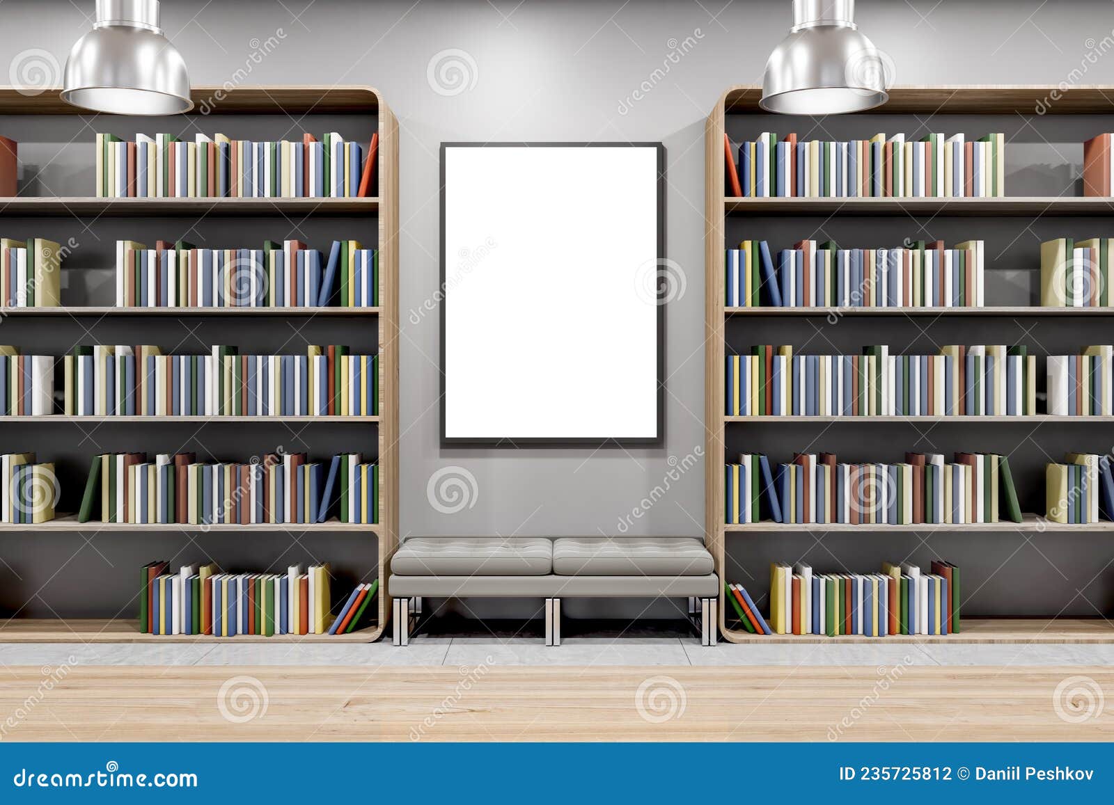 Modern Library Interior with Bookcase, Wooden Flooring, Bench and Mock ...