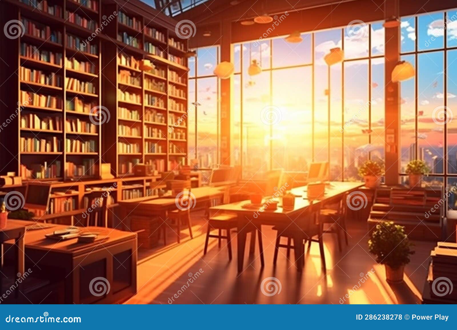 Modern Library Interior with Bookshelf, Bookshelf and City View Sunset ...
