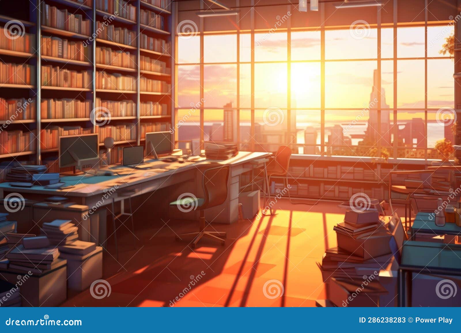 Modern Library Interior with Bookshelf, Bookshelf and City View Sunset ...