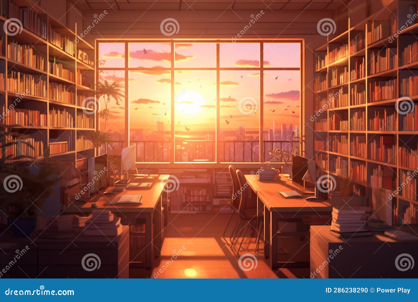 Modern Library Interior with Bookshelf, Bookshelf and City View Sunset ...