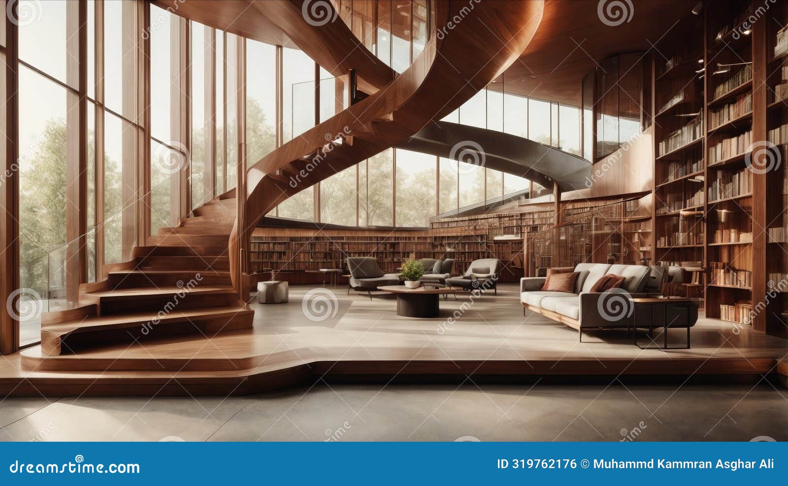 Modern Library Interior with Bookshelf and Stairs. 3D Rendering Stock ...