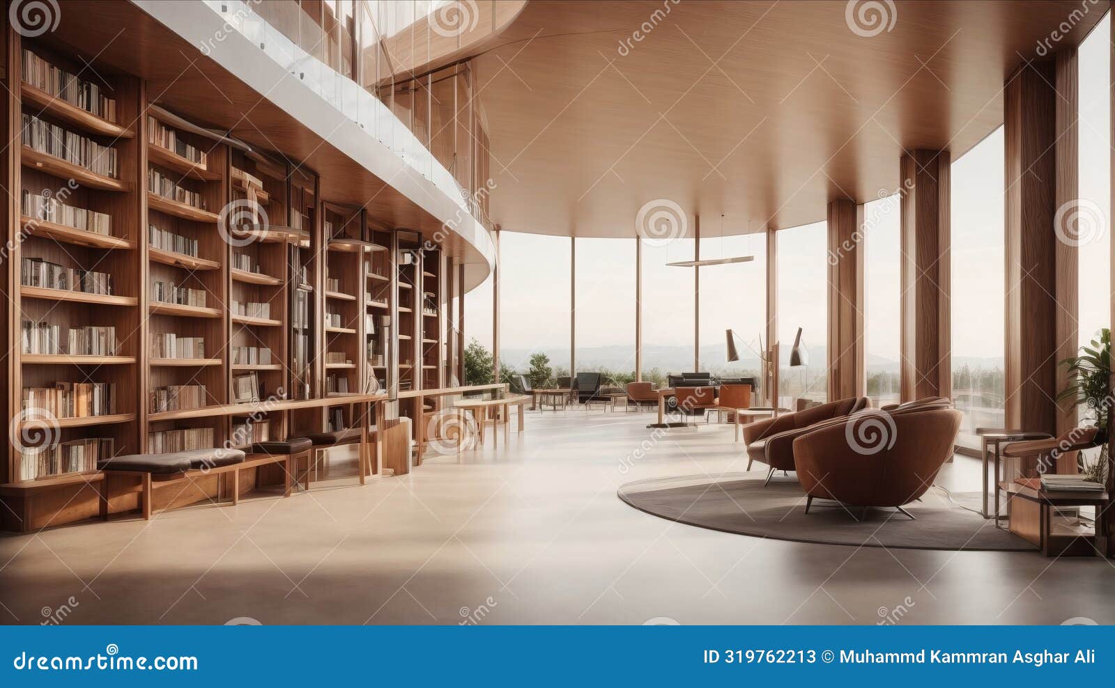 Modern Library Interior with Bookshelf and Stairs. 3D Rendering Stock ...