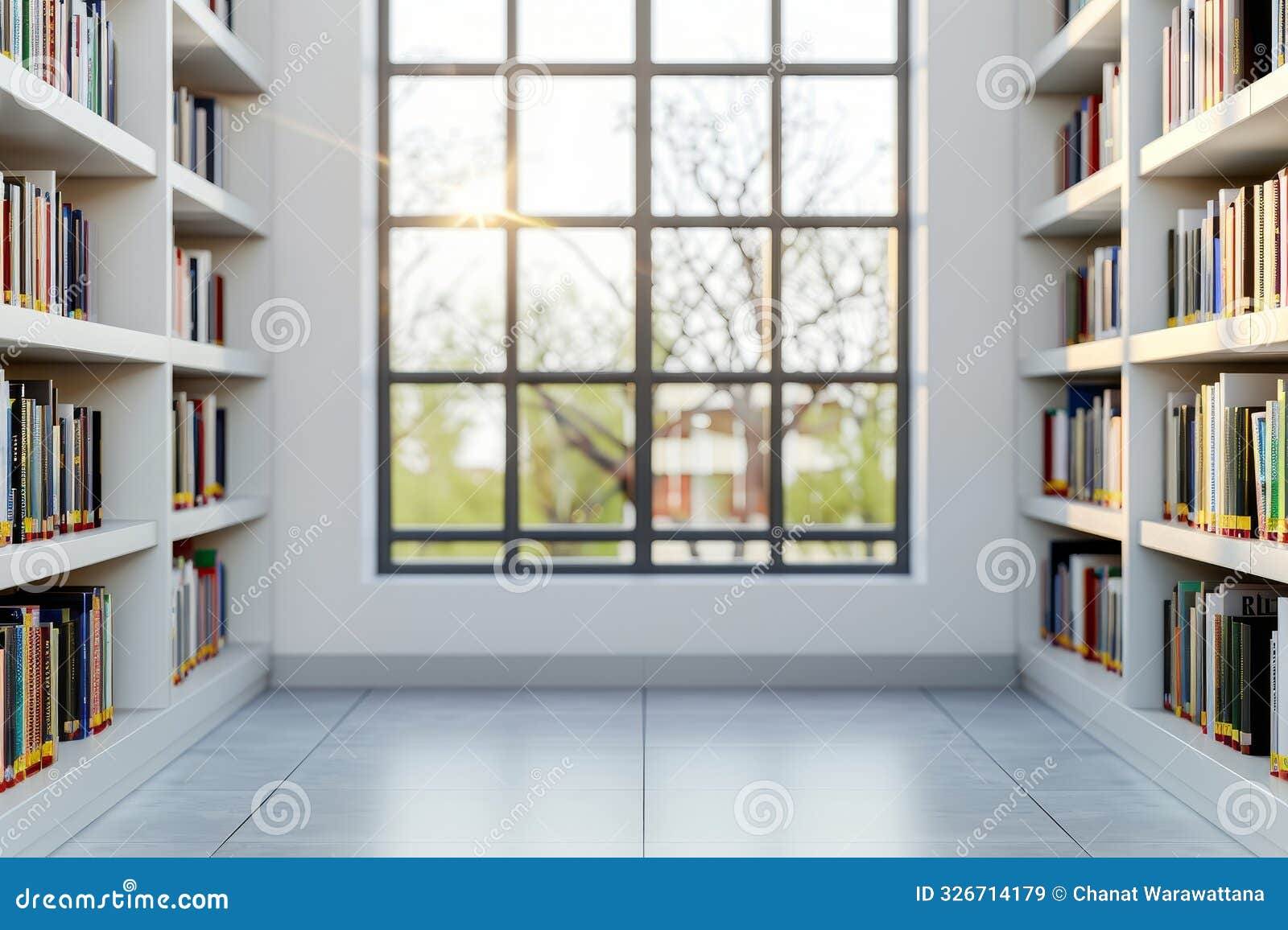 Modern Library Interior with Bookshelves, Large Window, and Sunlight ...