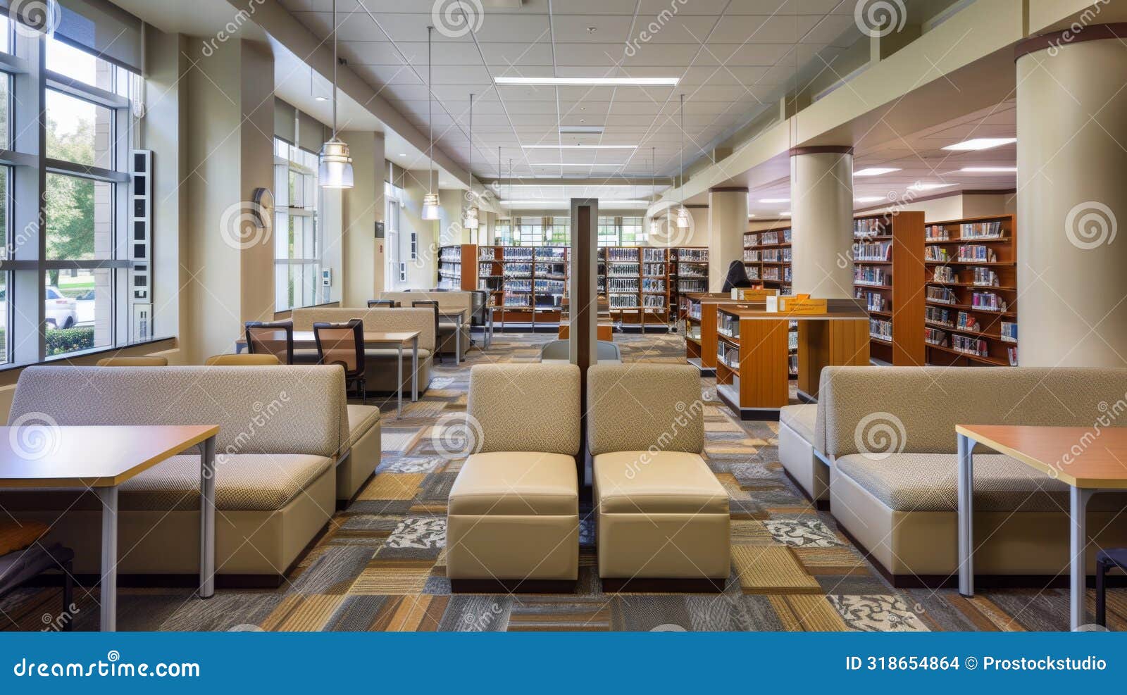 Modern Library Interior with Couches and Tables Stock Photo - Image of ...