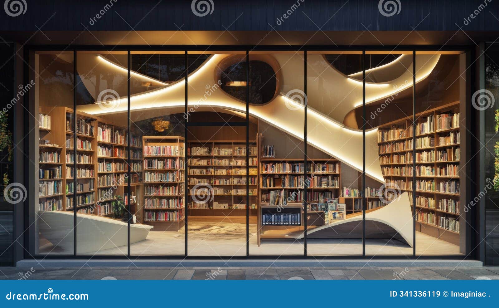 Modern Library Interior with Curved Design and Bookshelves Stock ...