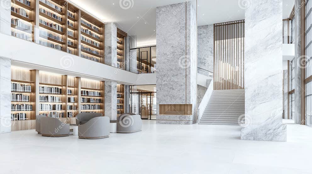 Modern Library Interior Featuring Spacious Design, Stylish Seating, and ...