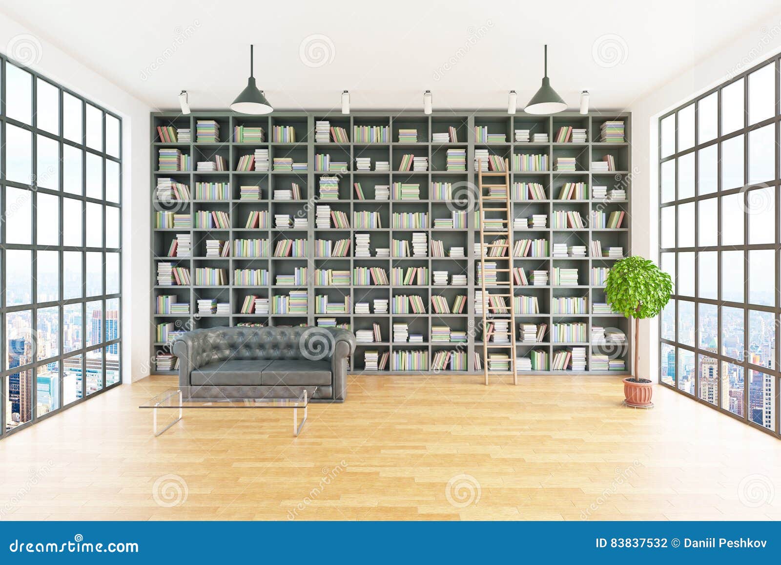 Modern Library Interior Front Stock Illustration - Illustration of ...