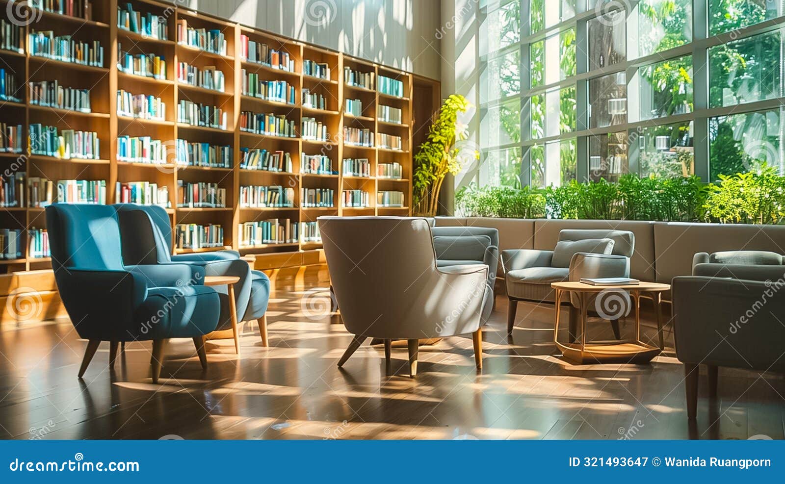 Modern Library Interior With Green Benches And Bookshelves. 3D ...