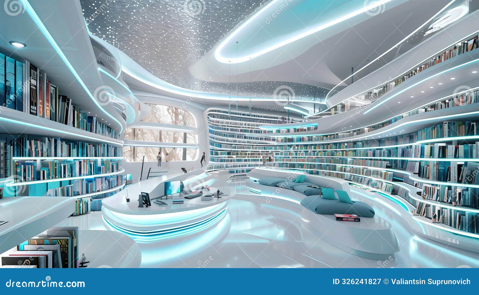 Modern Library Interior with Sleek Design and Rows of Books. Ideal for ...