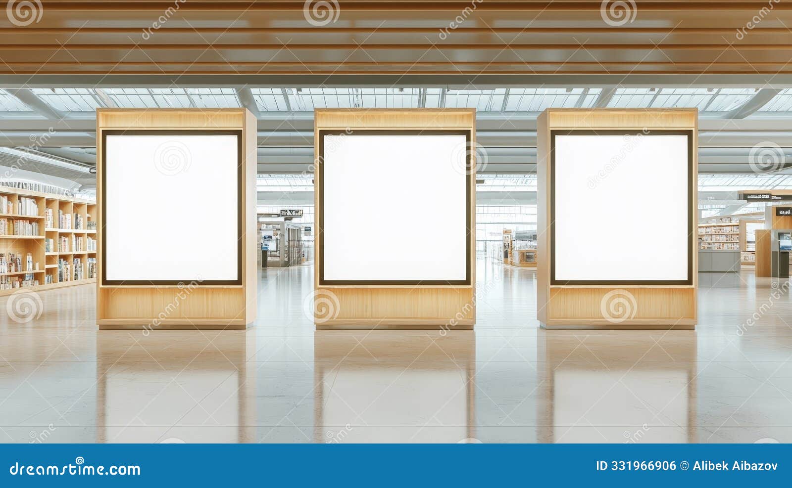 Modern Library Interior with Three Empty Billboards for Advertisement ...