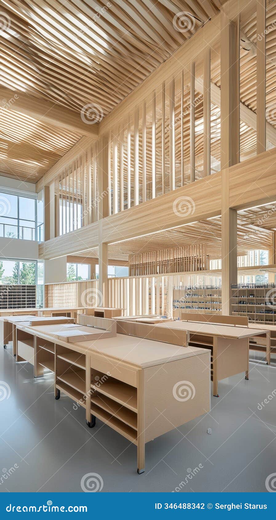 Modern Library Interior with Wooden Accents and Natural Light, AI Stock ...
