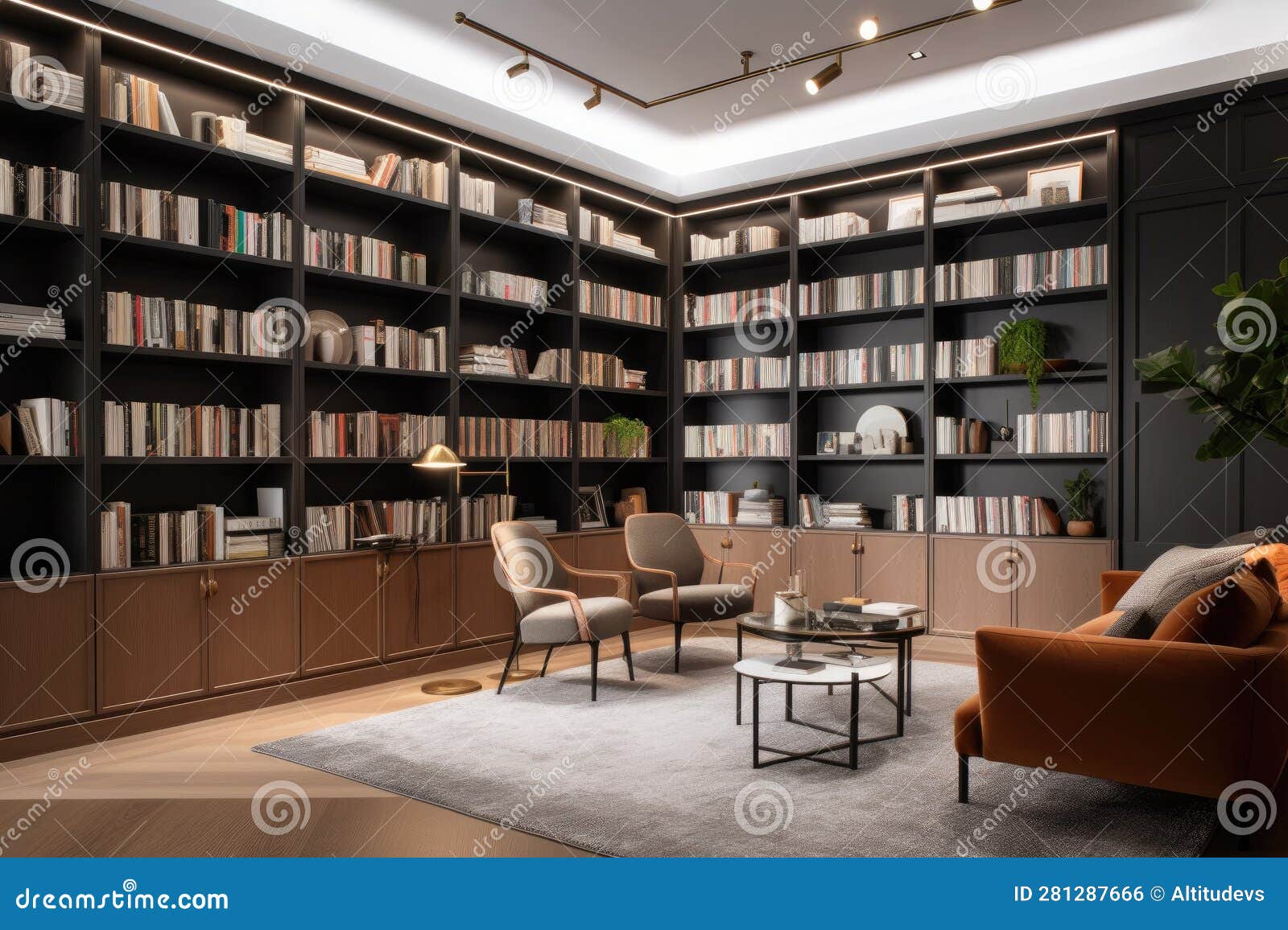 Modern Library with Minimalist Bookshelves and Bright Lighting Stock ...