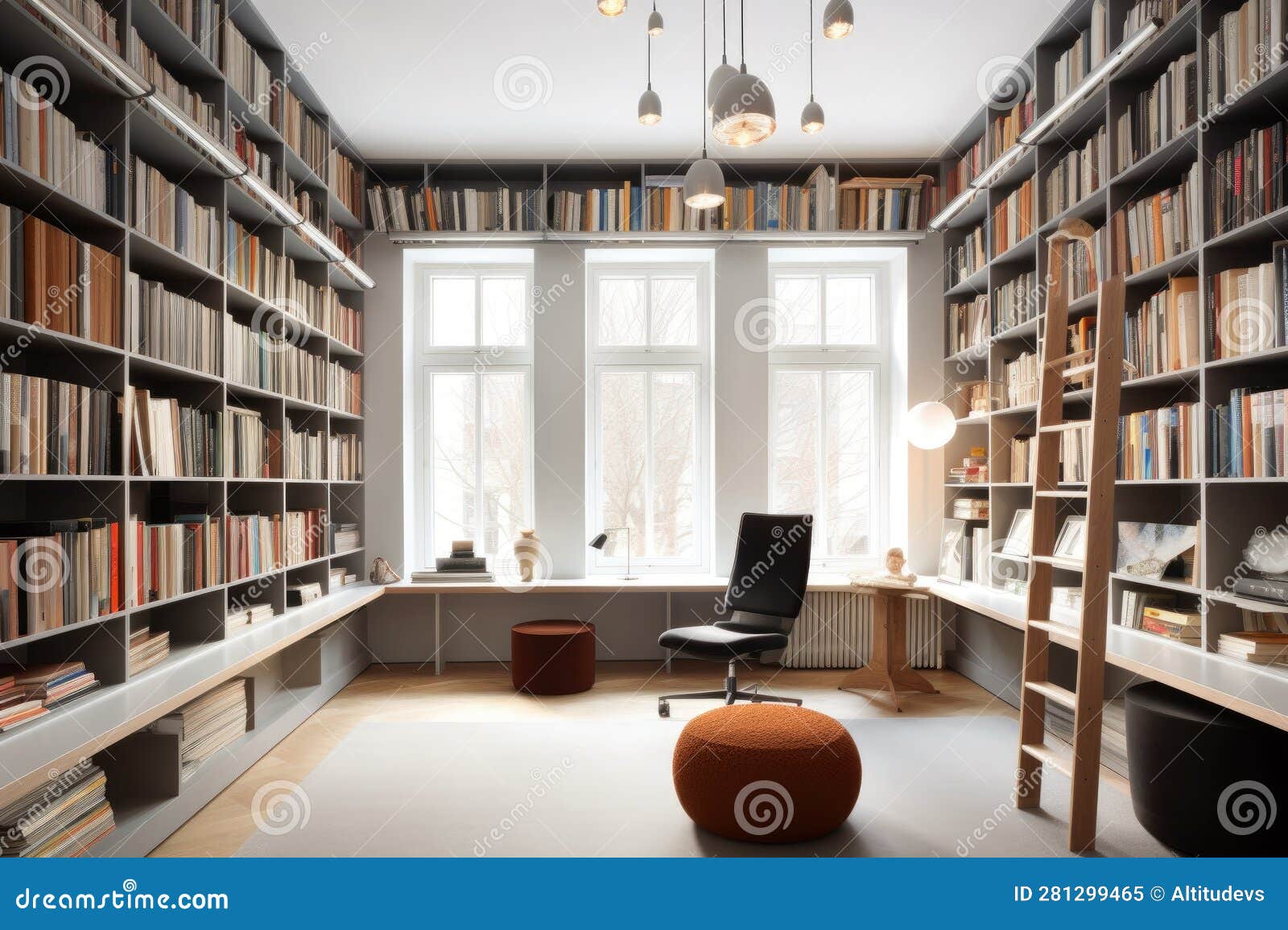 Modern Library with Minimalist Bookshelves and Bright Lighting Stock ...