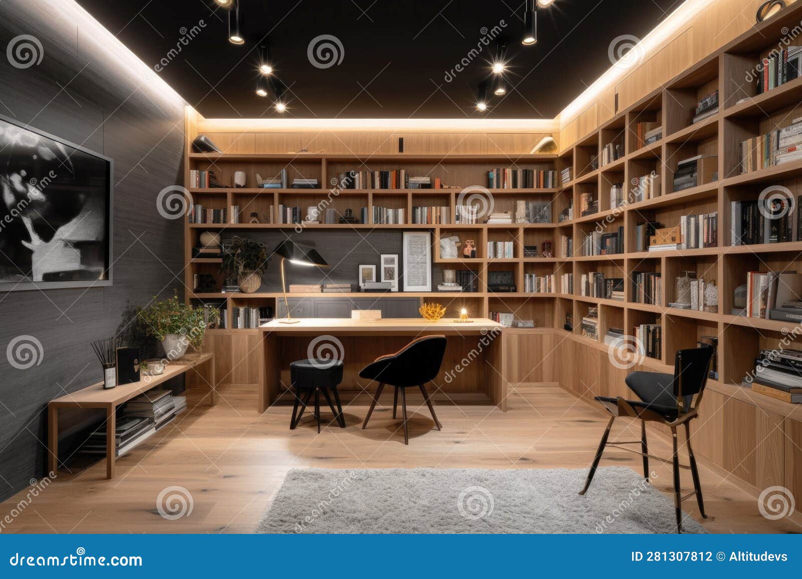 Modern Library with Minimalist Bookshelves and Bright Lighting Stock ...