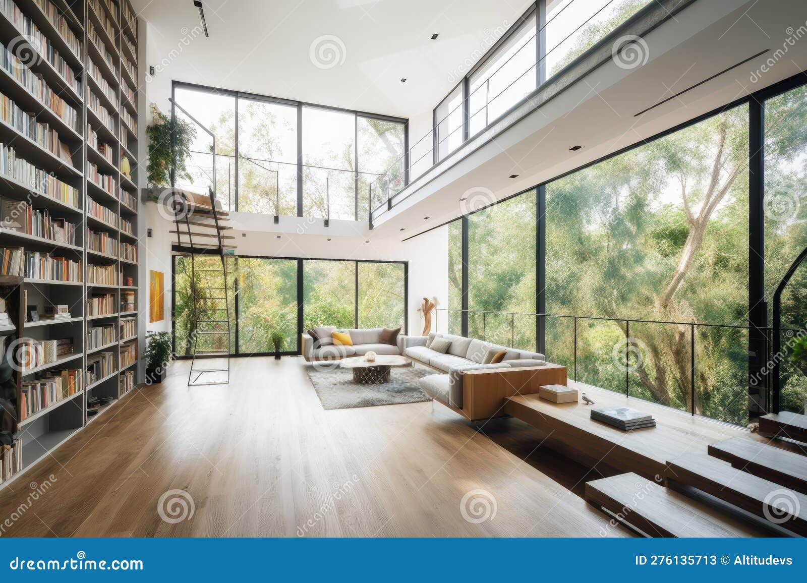 Modern Library with Minimalist Design and Open Floor Plan, Filled with ...