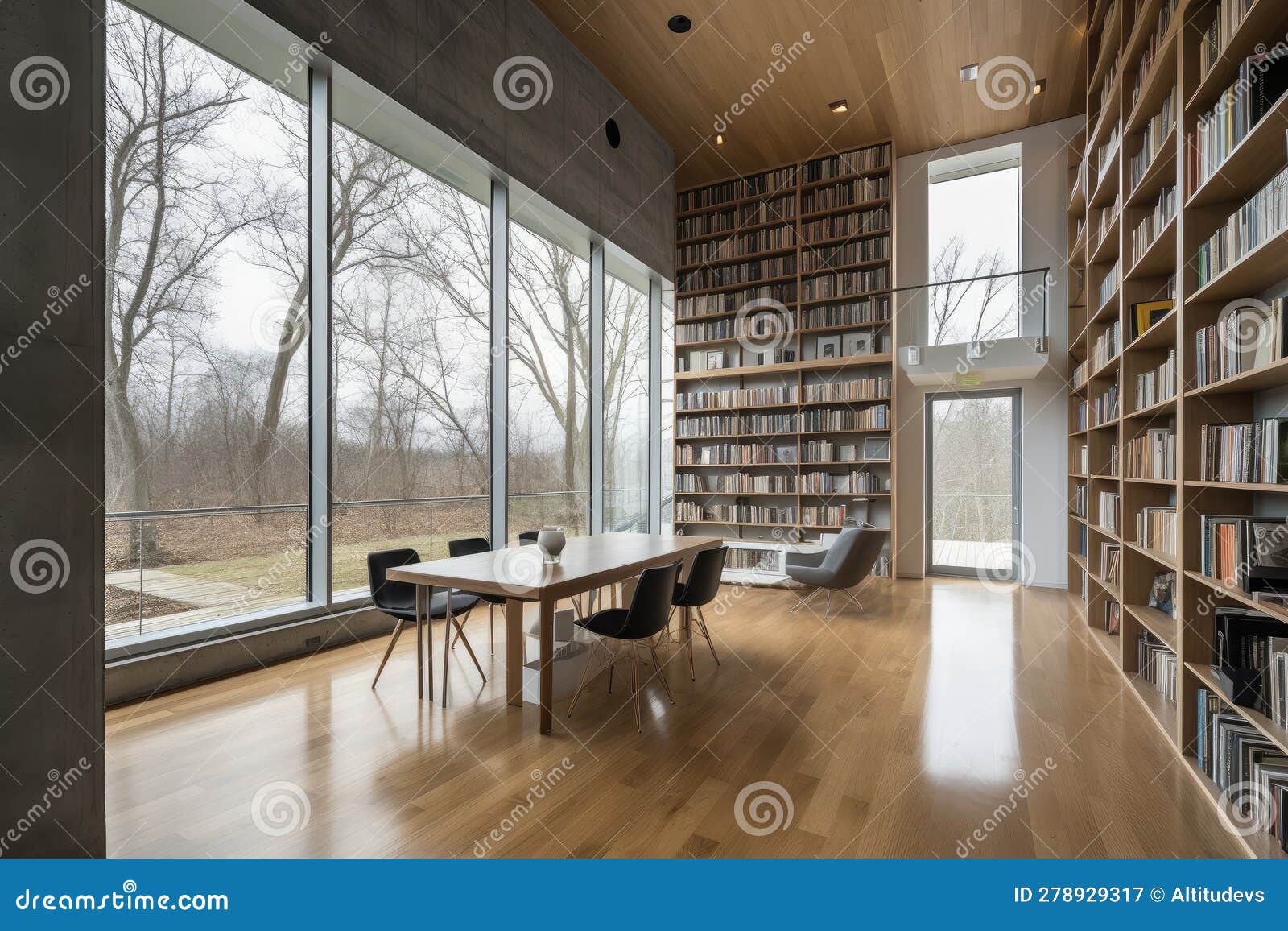 Modern Library with Minimalist Design and Open Floor Plan, Filled with ...