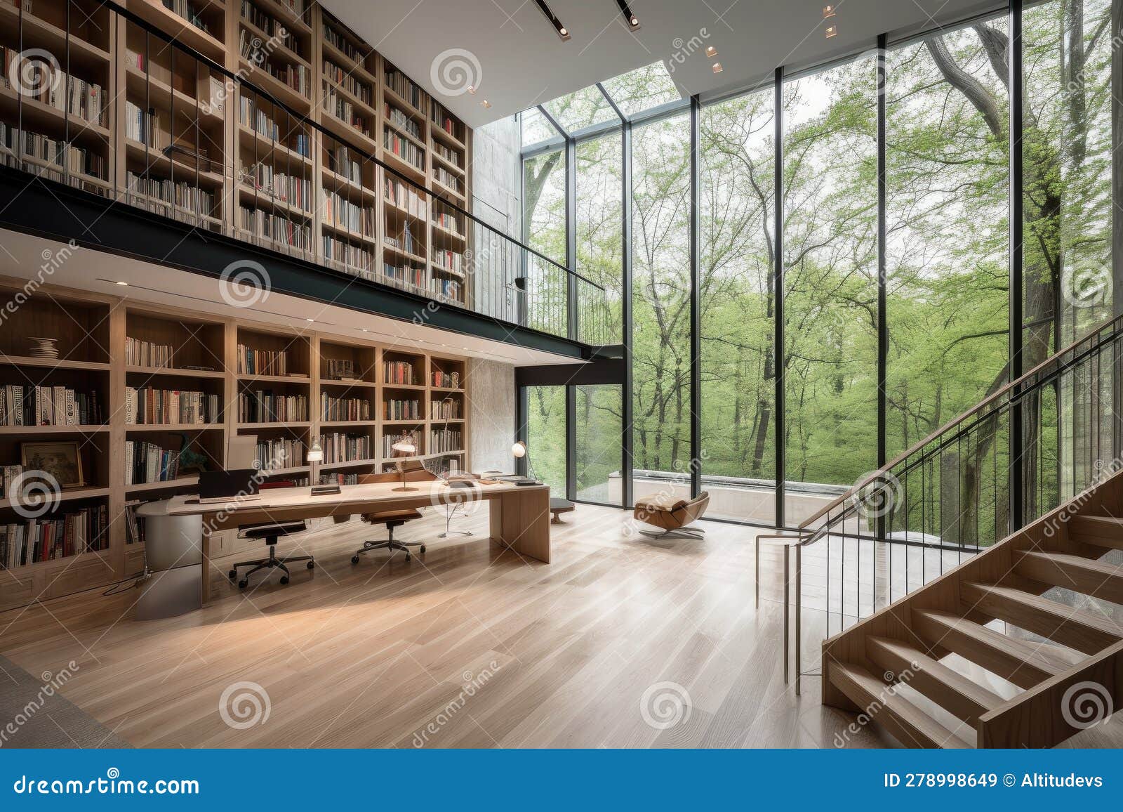 Modern Library with Minimalist Design and Open Floor Plan, Filled with ...