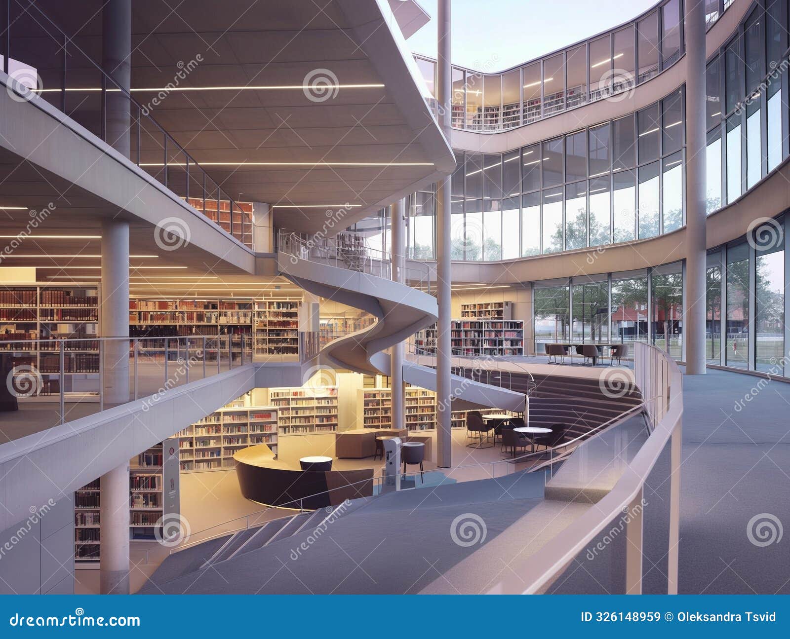 Modern Library with Open Spaces, Chairs and Book Stacks. a Modern Light ...