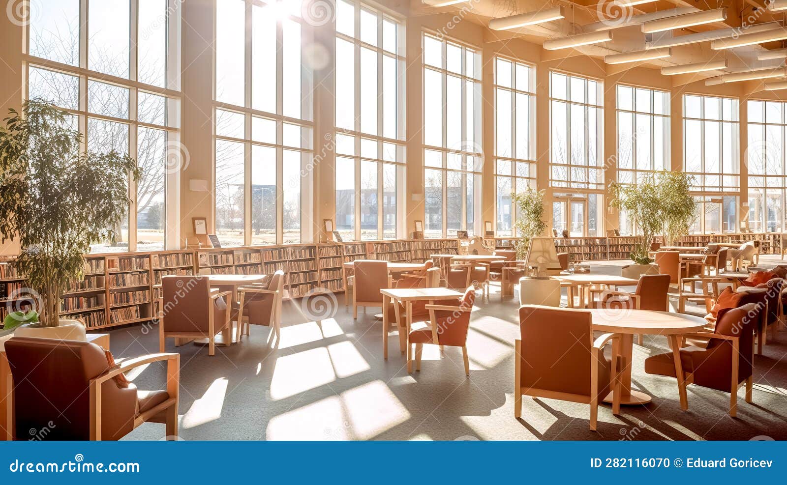 Modern Library with Study Room and Large Windows. Made with Generative ...