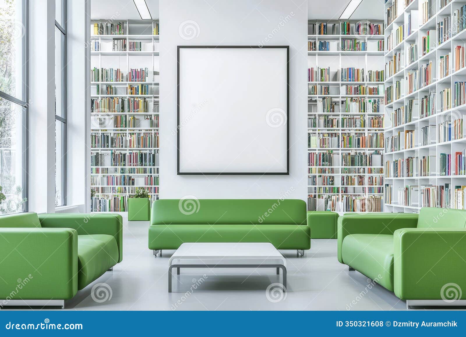 A Modern Library with White Walls and Green Seating, Offering an Open ...