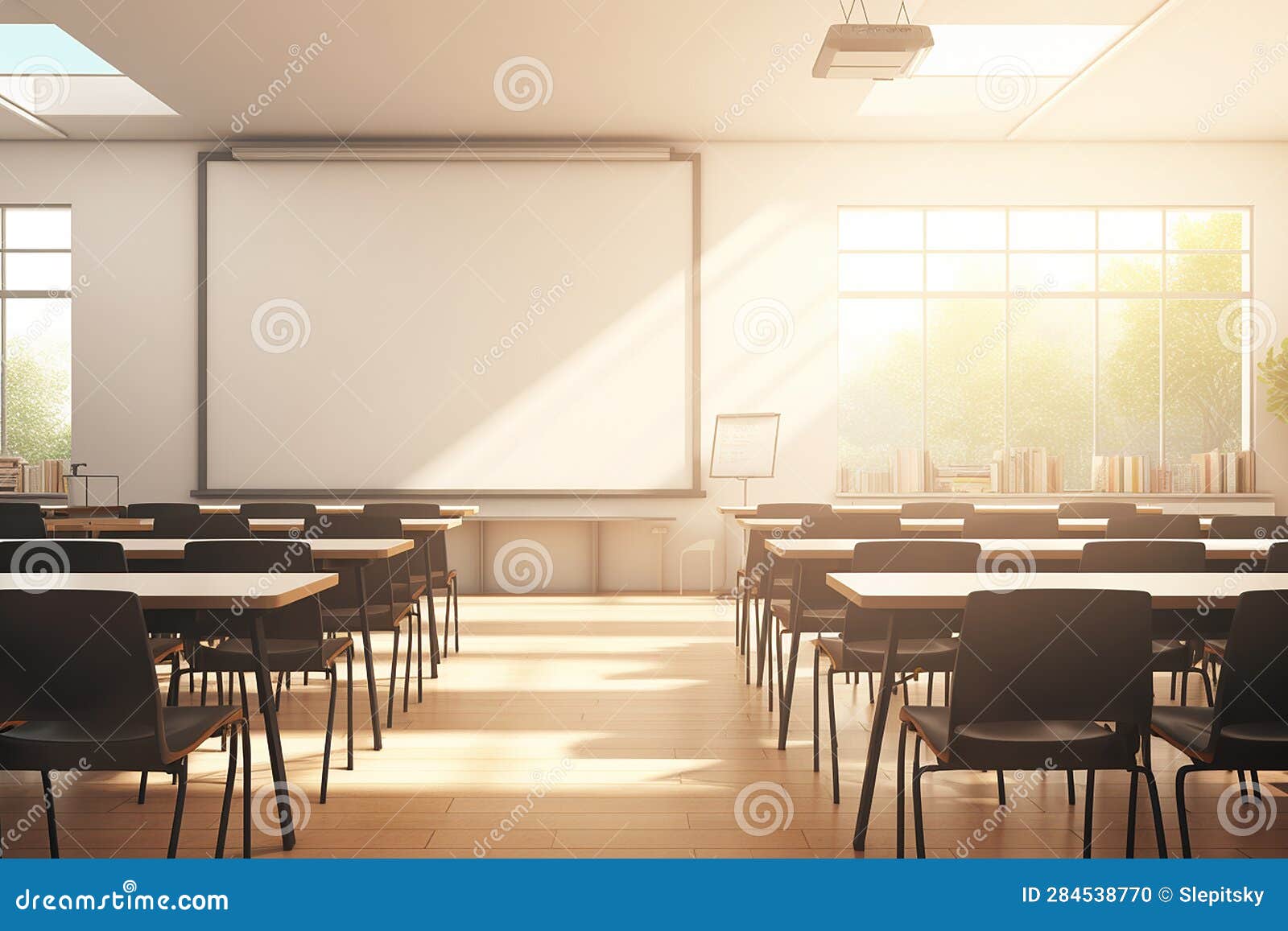 Modern Light Classroom with Big Windows with Empty Chairs and ...