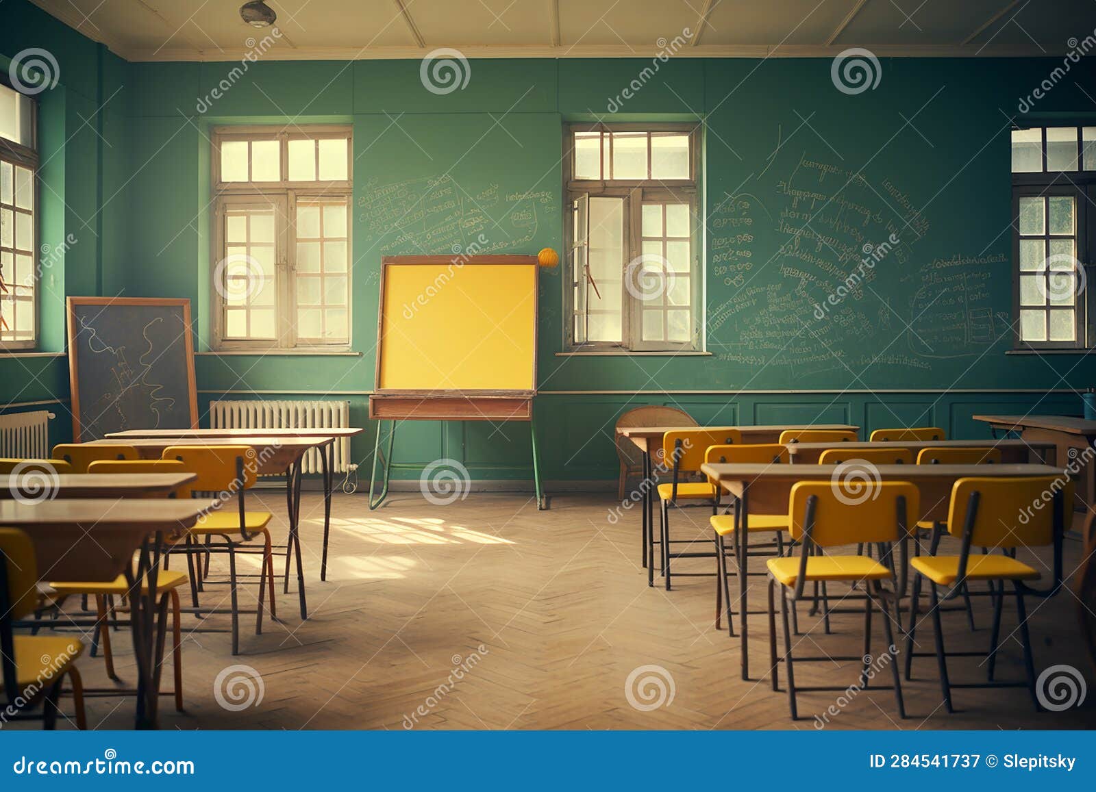 Modern Light Classroom with Big Windows with Empty Chairs and ...