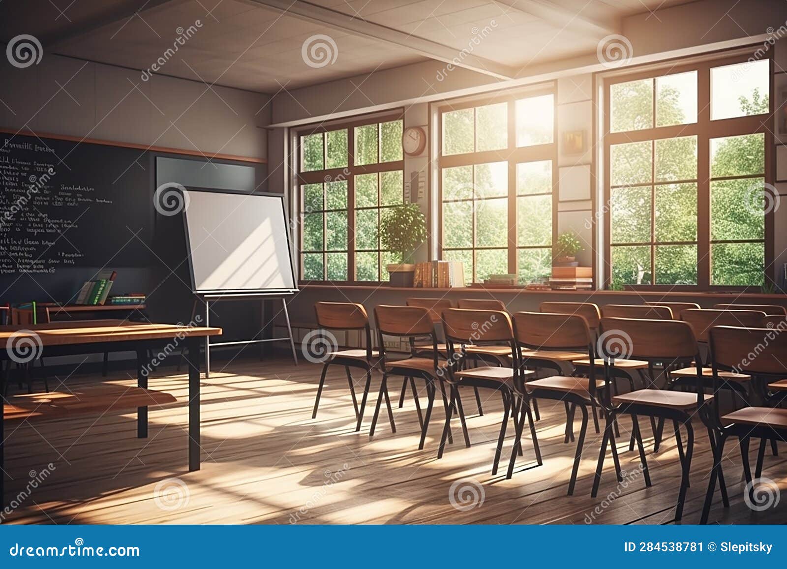 Modern Light Classroom with Big Windows with Empty Chairs and ...