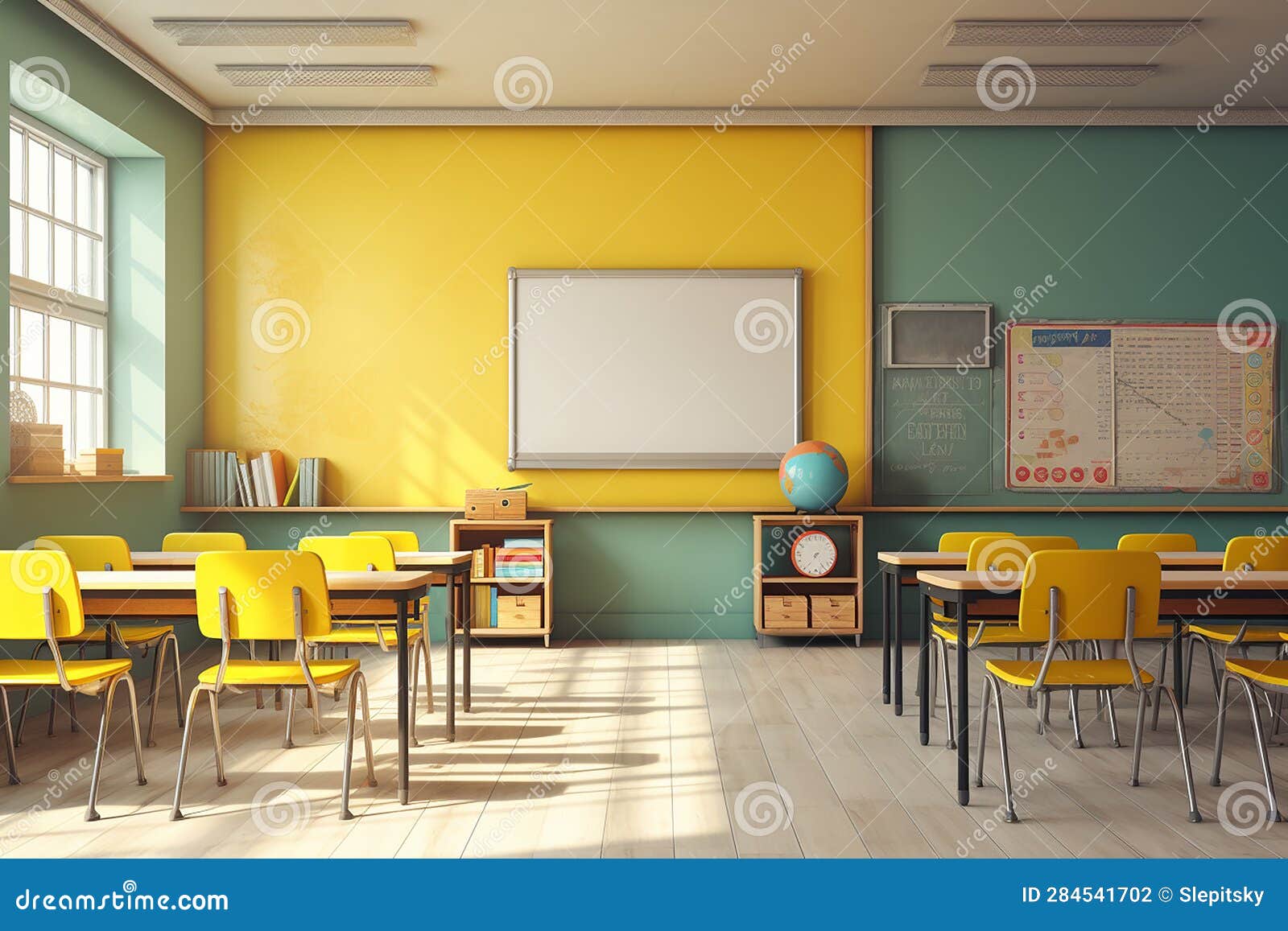 Modern Light Classroom with Big Windows with Empty Chairs and ...