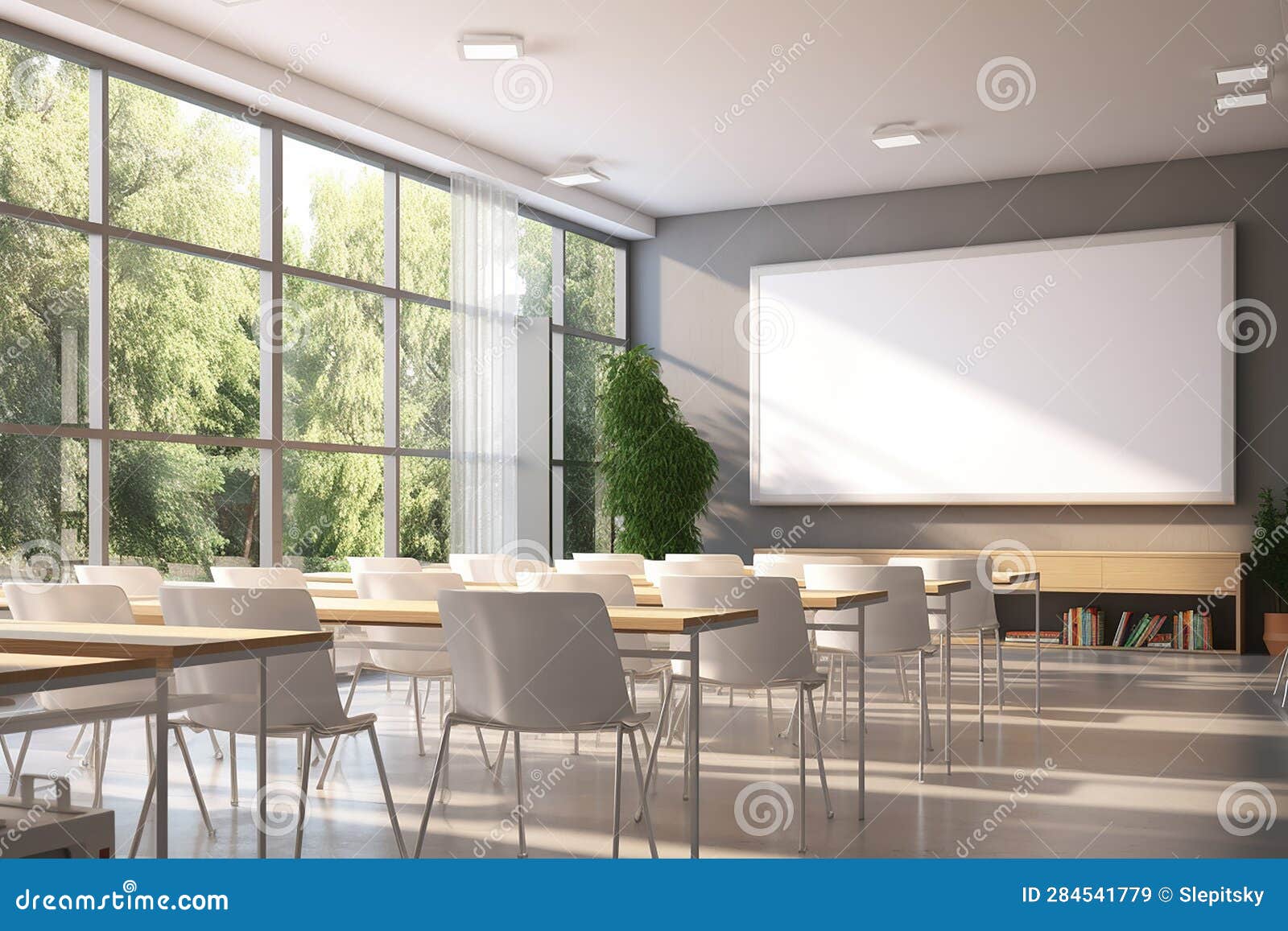Modern Light Classroom with Big Windows with Empty Chairs and ...