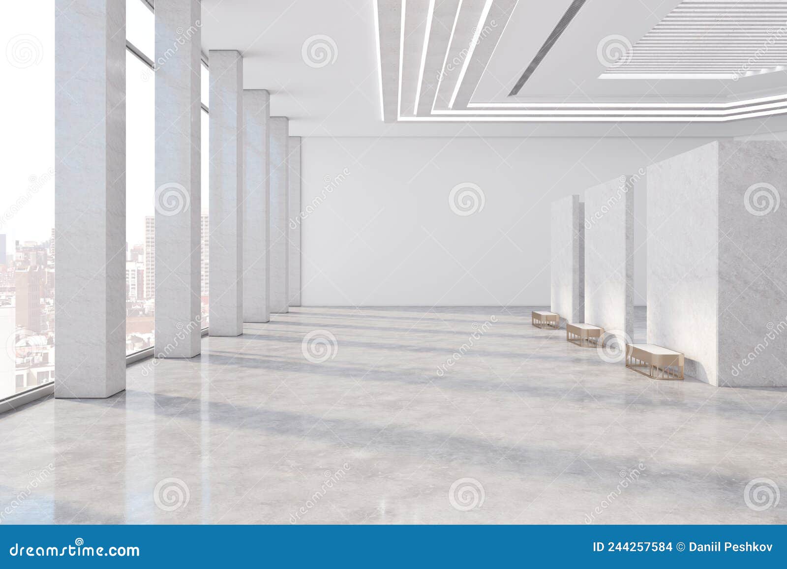 Modern Light Concrete Public Gallery with Window City View and Empty ...