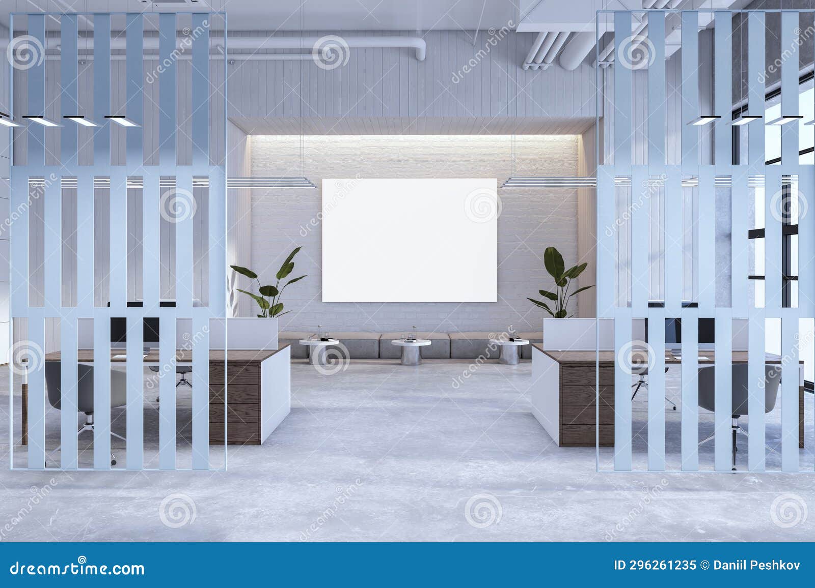Modern Light Coworking Office Interior with Empty White Mock Up Banner ...