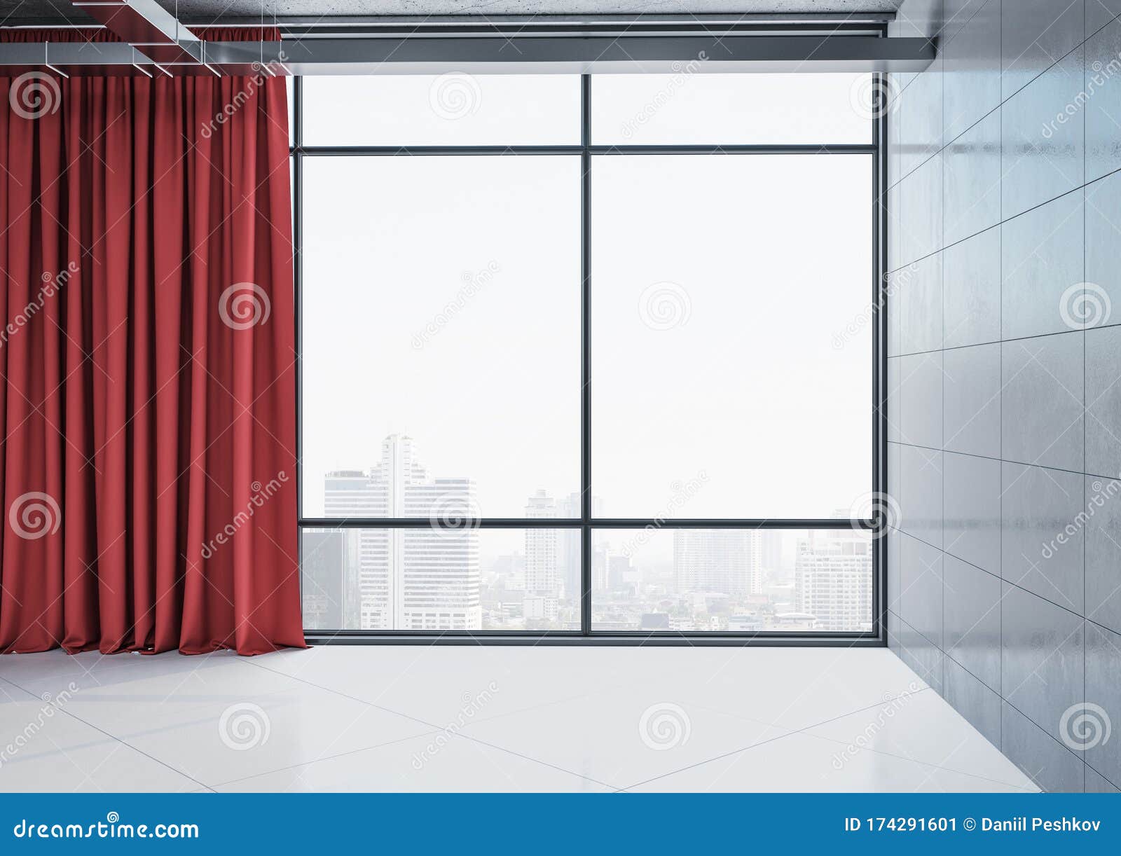 Modern Light Empty Room with Red Curtain Stock Illustration ...