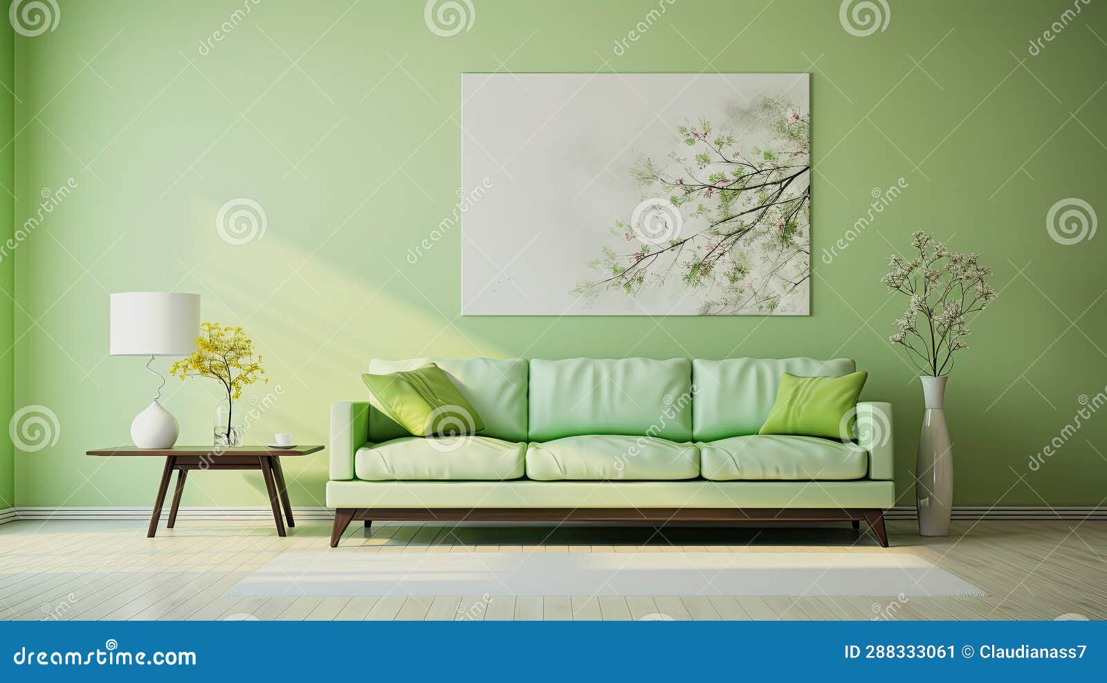 Modern Light Green Living Room Interior with a Green Sofa Stock Image ...