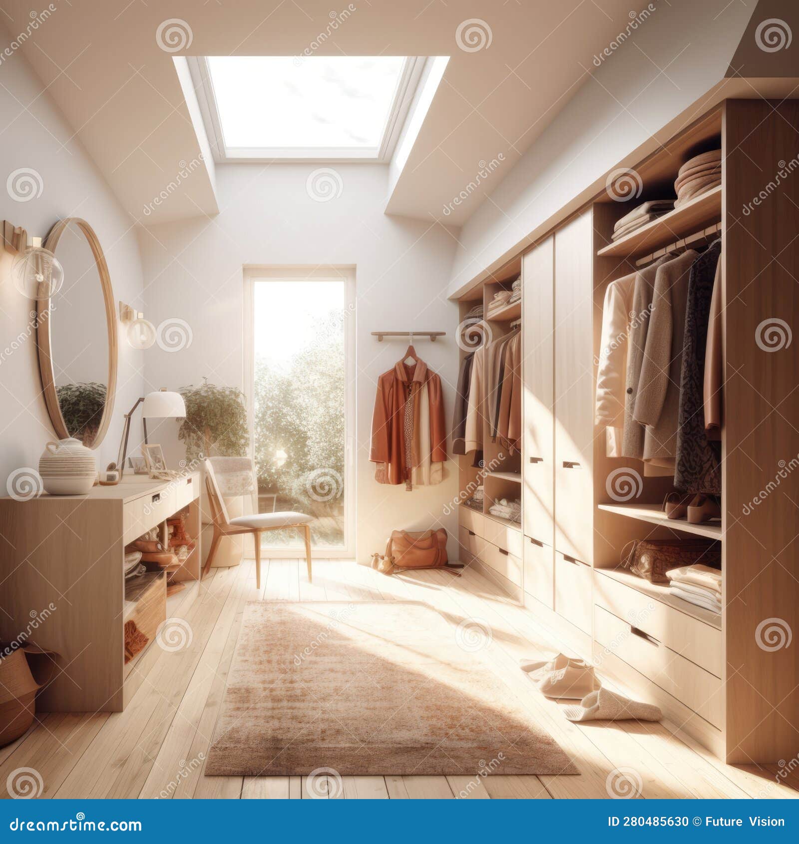 Modern Light Walk in Wardrobe with Window and Skylight, Created Using ...