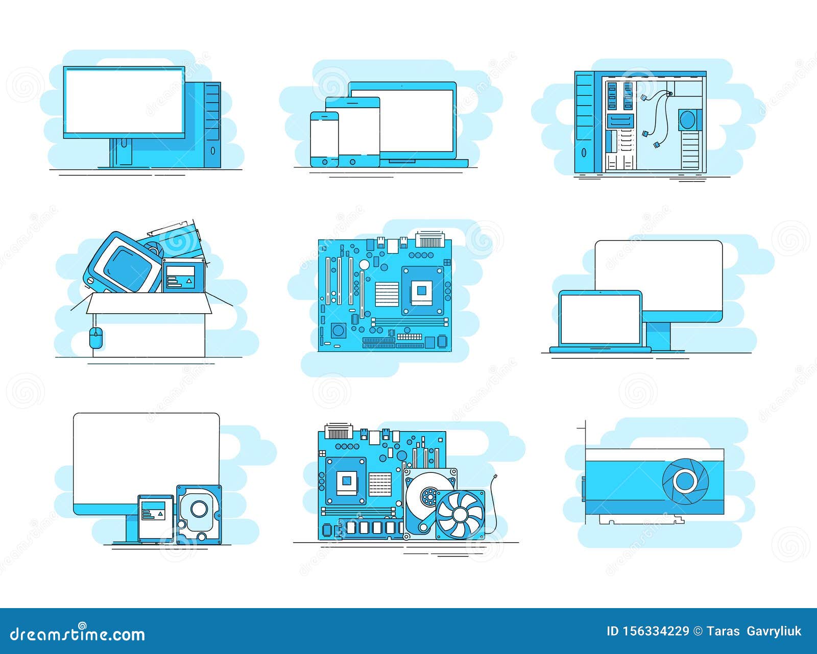 Modern Linear Pictogram Of Computer Components Cartoon Vector ...