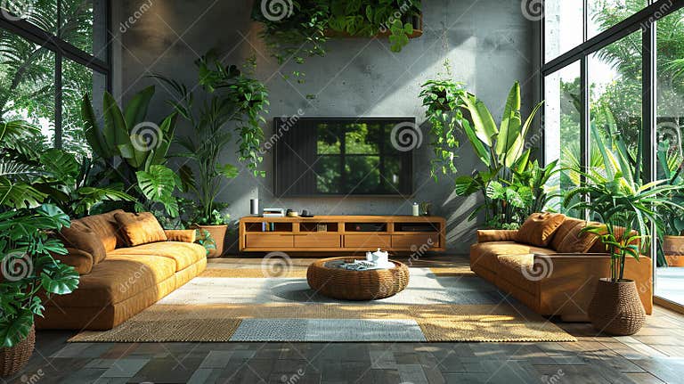 Modern Living Room with Abundant Greenery - Generative Ai Stock ... Modern Living Room with Abundant Greenery - Generative Ai Stock ...