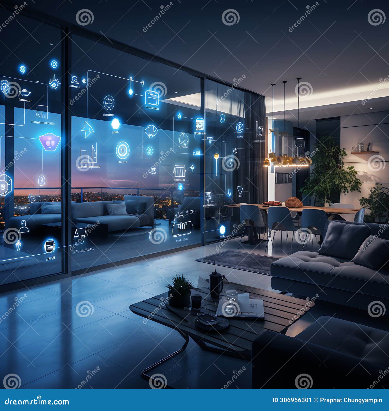 Modern Living Room with Advanced Smart Home Interface at Dusk Stock ...