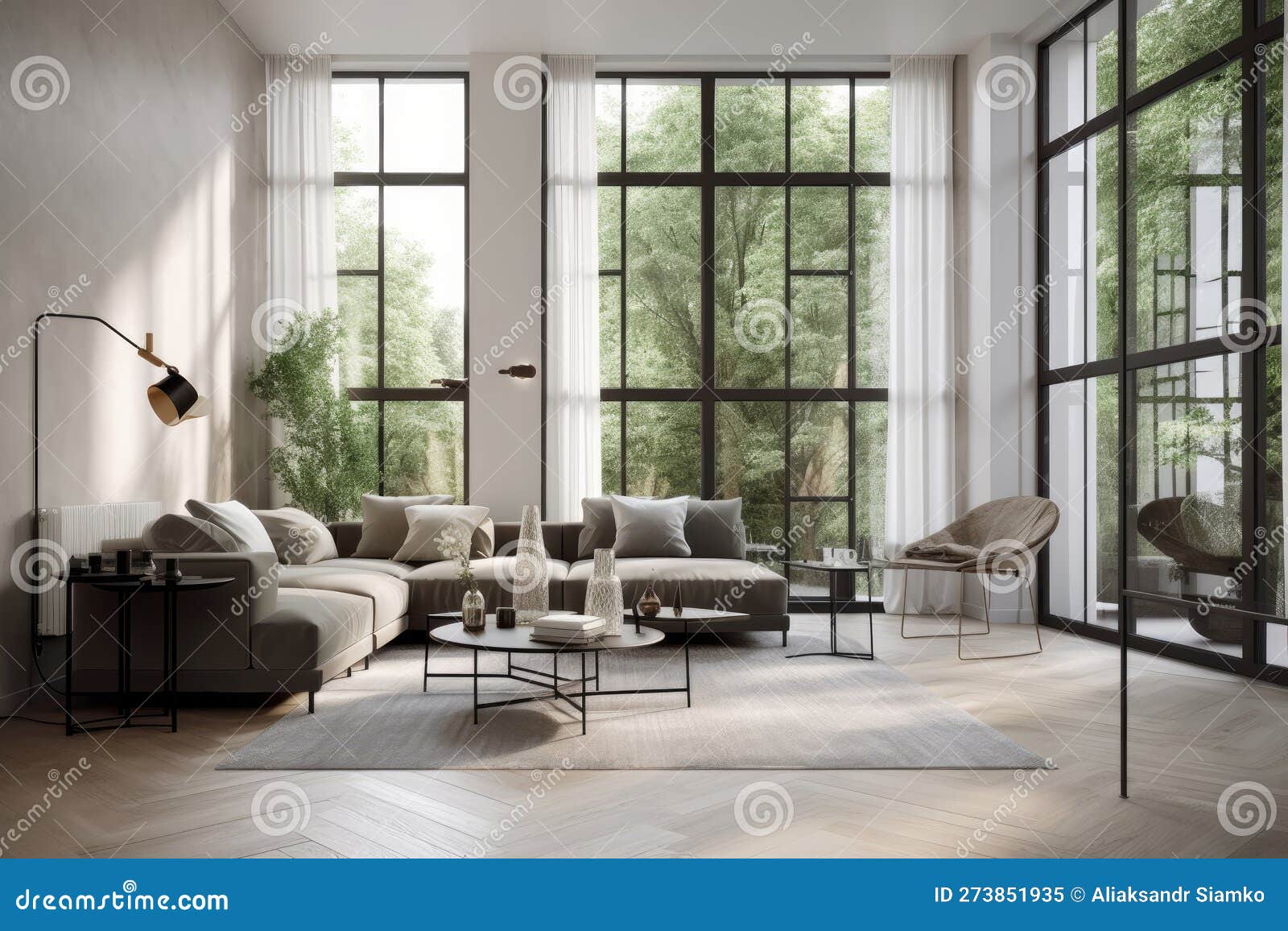 Modern Living Room with Big French Windows, 3d Rendering Stock ...