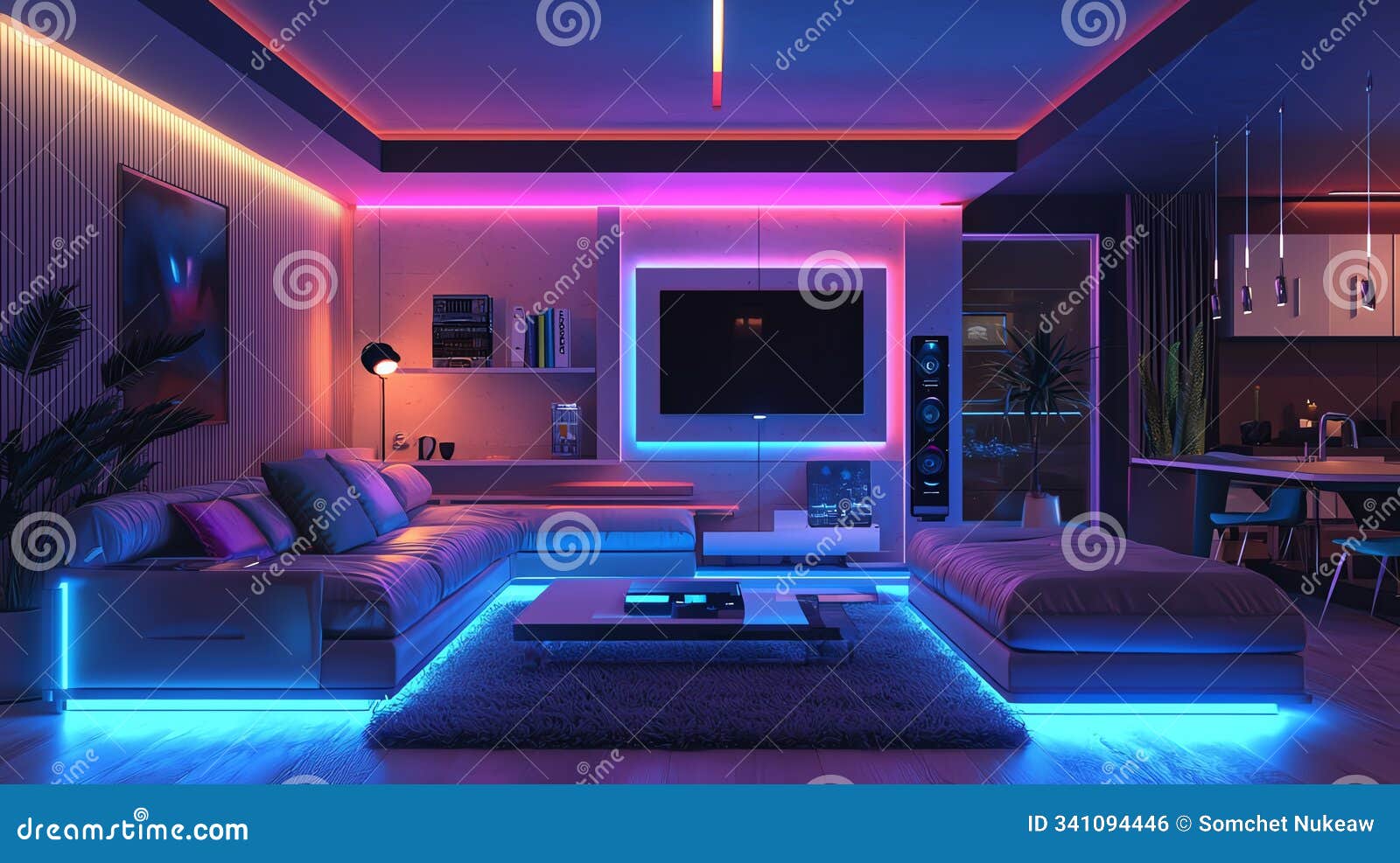Modern Living Room with Colorful Ambient Lighting and Decor Stock ...