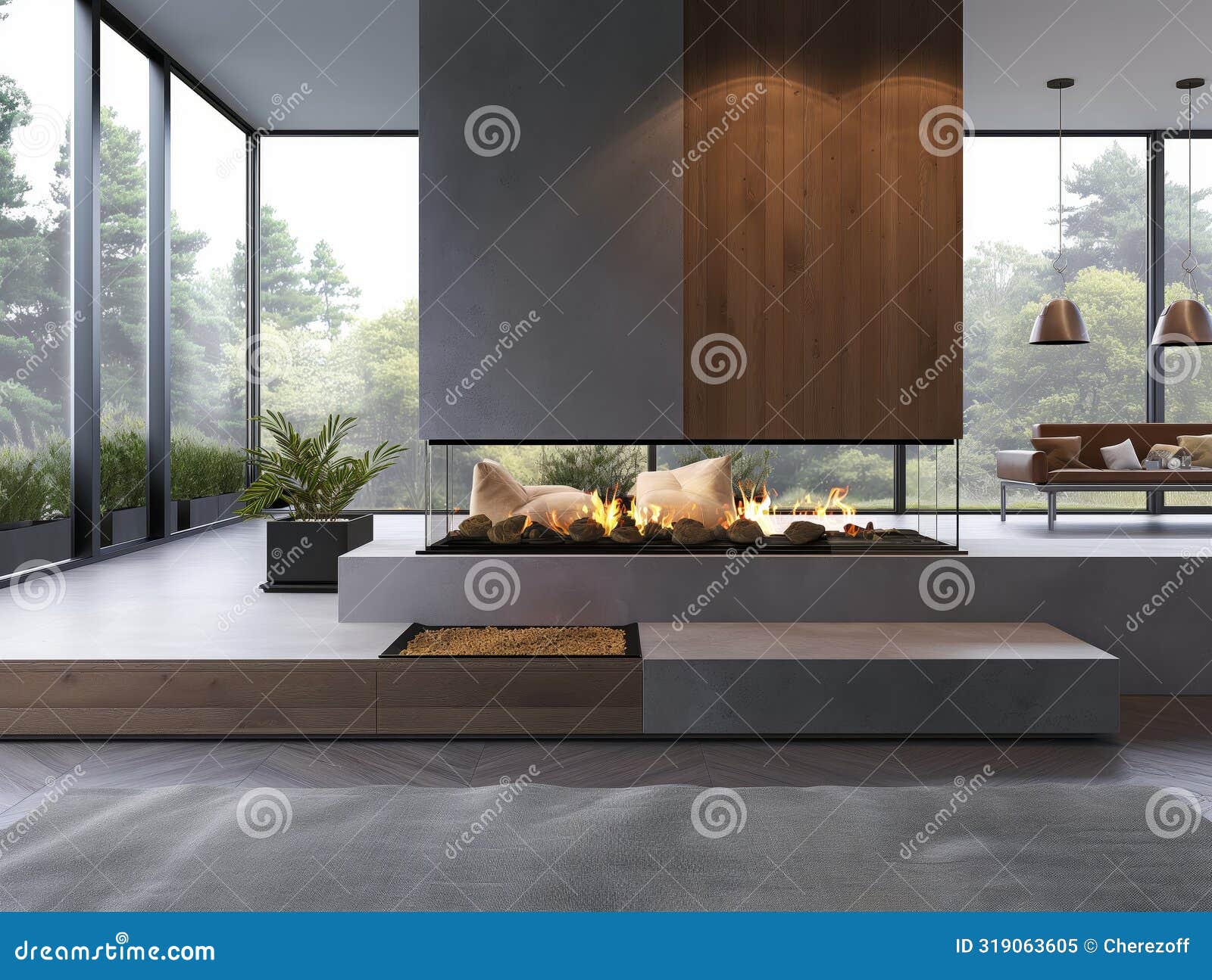 Modern Living Room with Forest View Stock Image - Image of interior ...