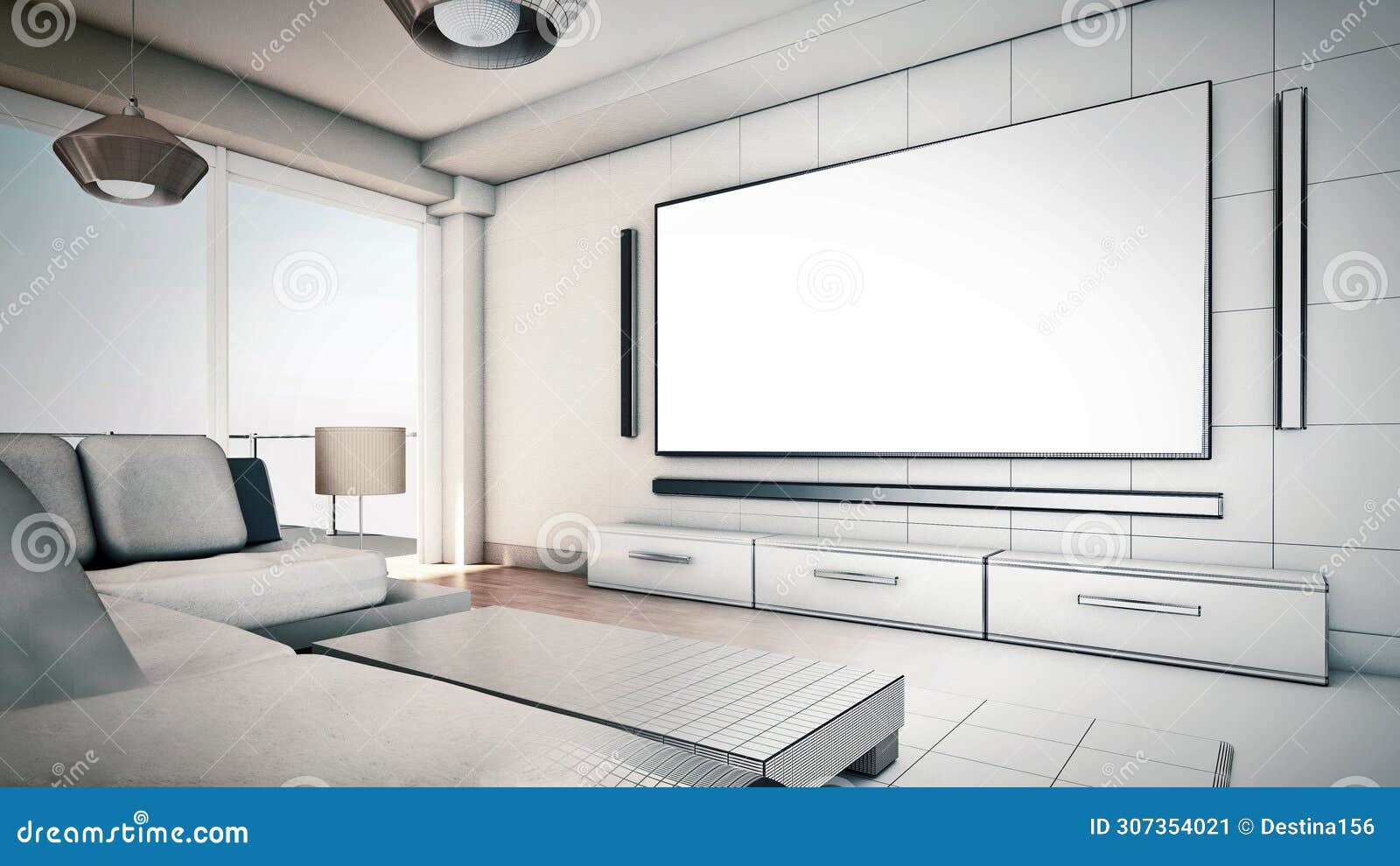 Modern Living Room Half Wireframe Half Standard Rendering. 3D ...