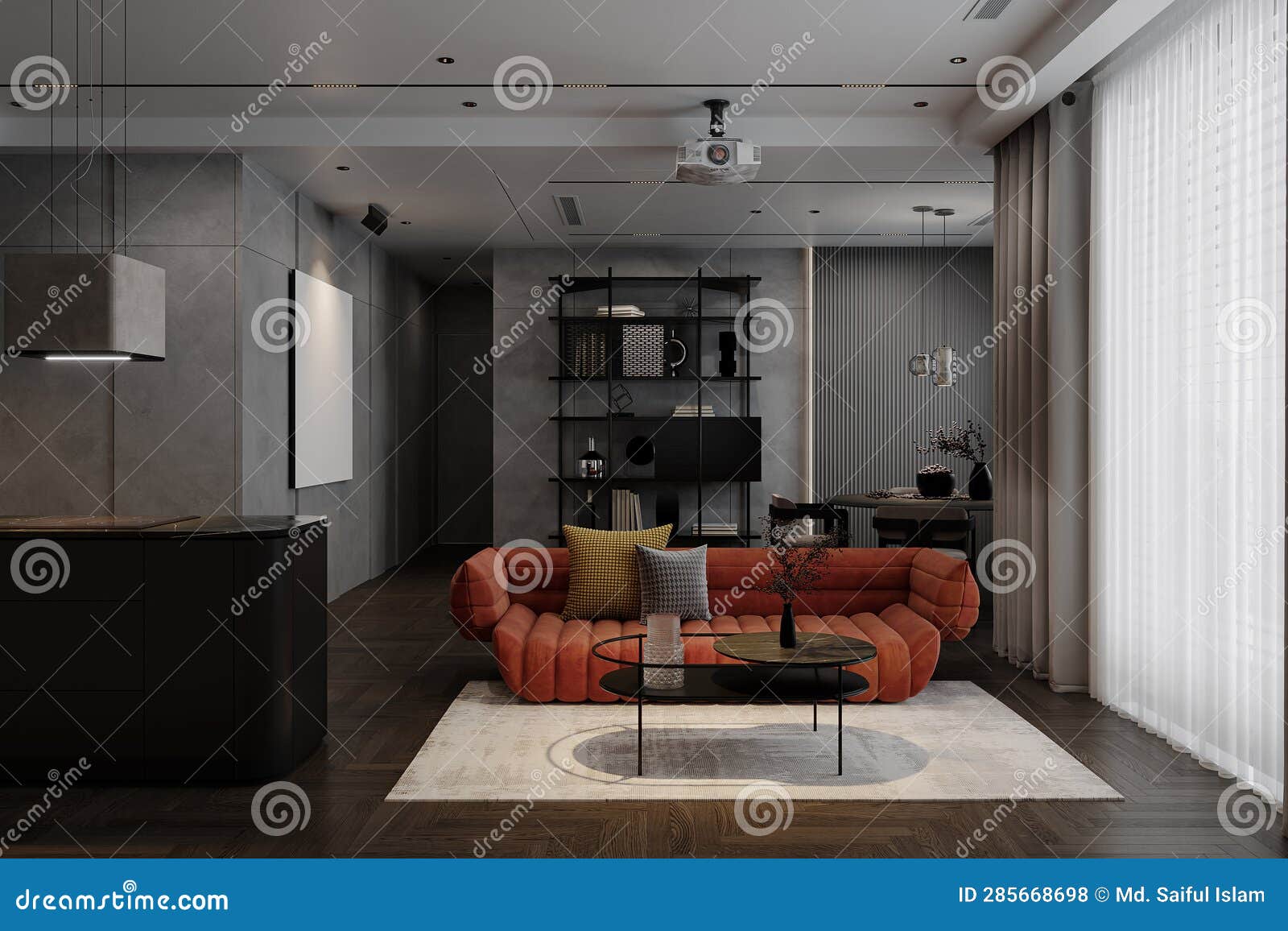 Modern Living Room Ideas on Red Sofa and Projector Display Environment ...