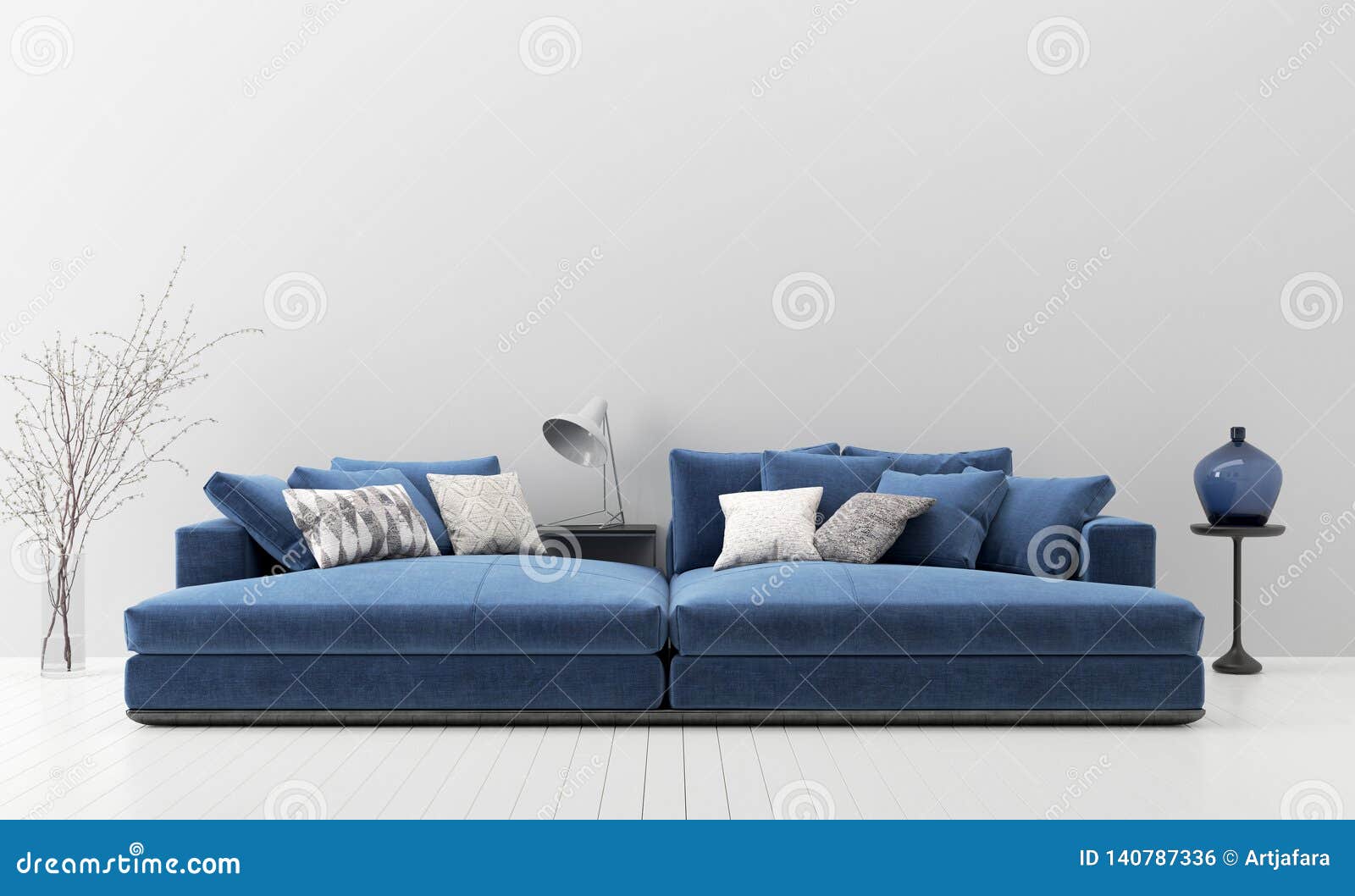 Modern Living Room Interior with Blue Sofa, Wall Mock Up Stock Photo ...