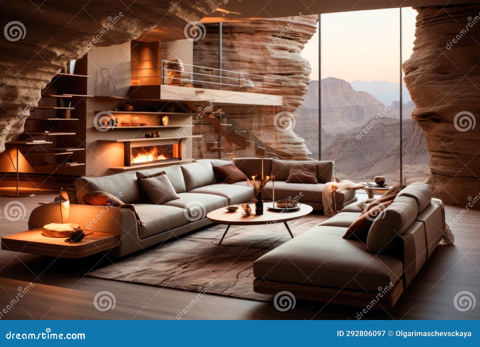Modern Living Room Interior in Desert or Cave Style Stock Illustration ...