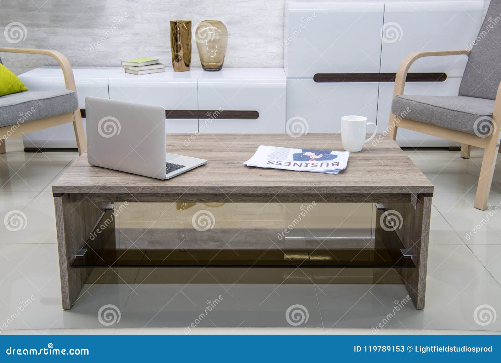 Modern Living Room Interior with Laptop Stock Image - Image of gadget ...