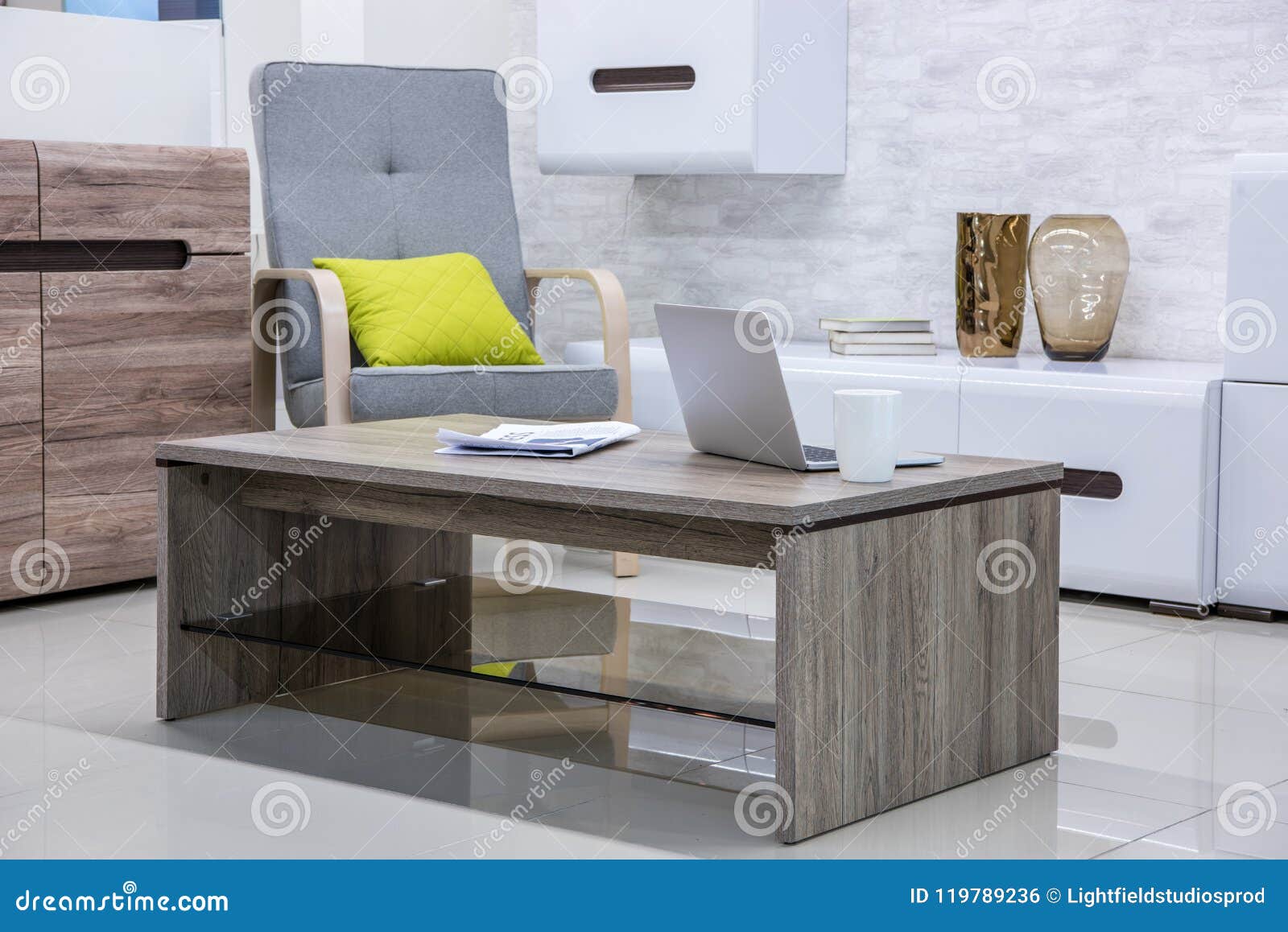 Modern Living Room Interior with Laptop Stock Photo - Image of propery ...